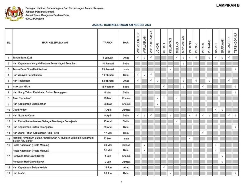 Jadual Hari Kelepasan Am Negeri dan Persekutuan 2023 - Cikgu Fadli Online